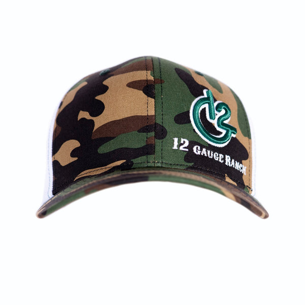 Camo and White 12 Gauge Trucker Baseball Hat – 12 Gauge Ranch Ranch